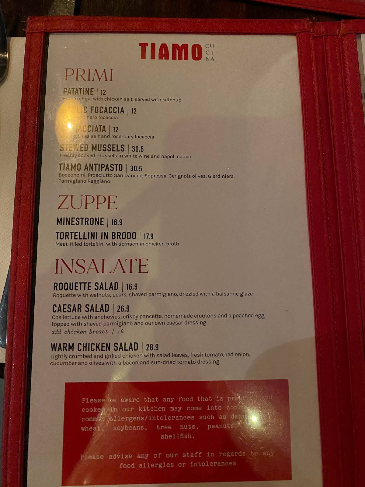 Menu at Tiamo restaurant, Carlton