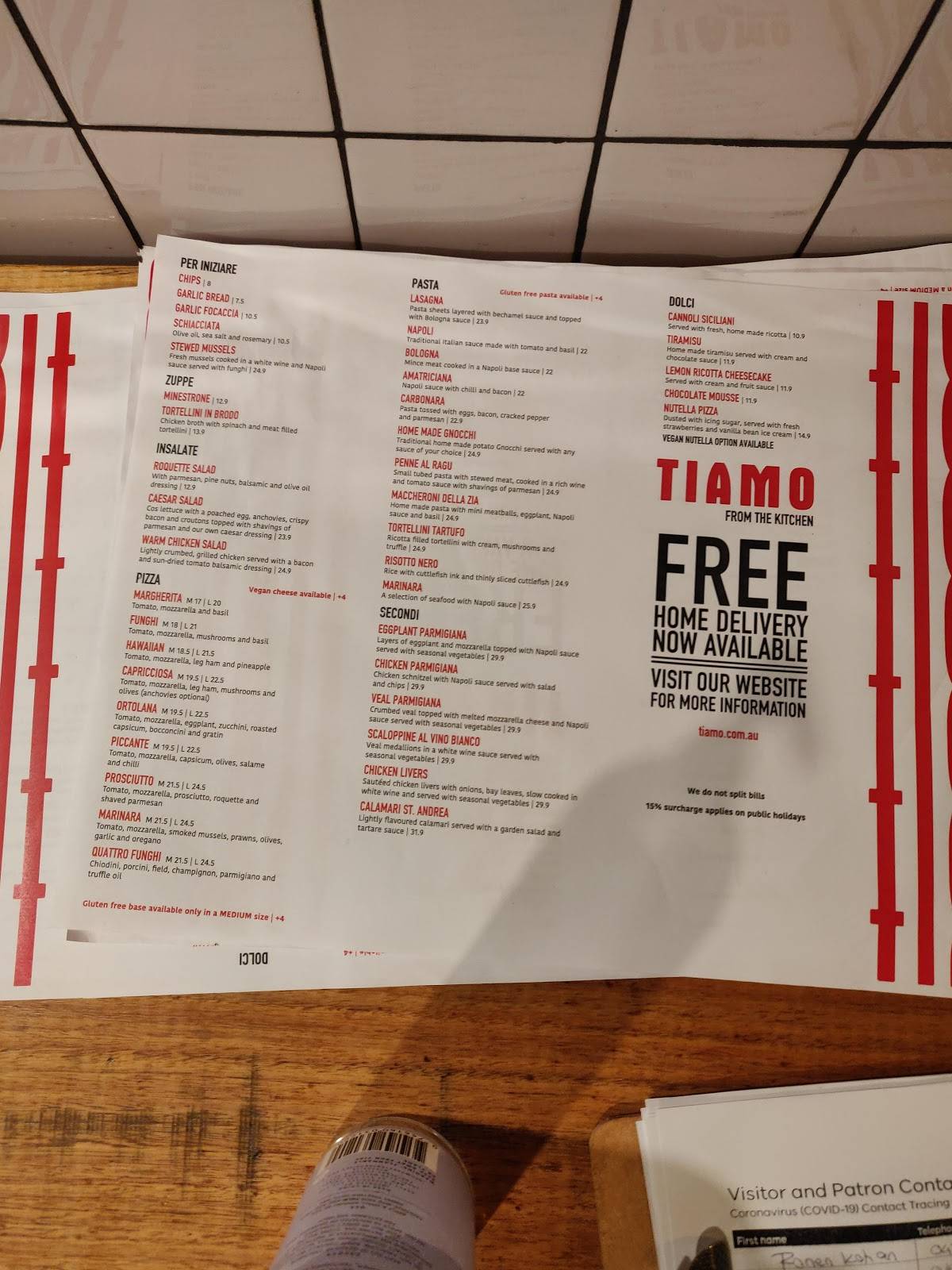 Menu at Tiamo restaurant, Carlton