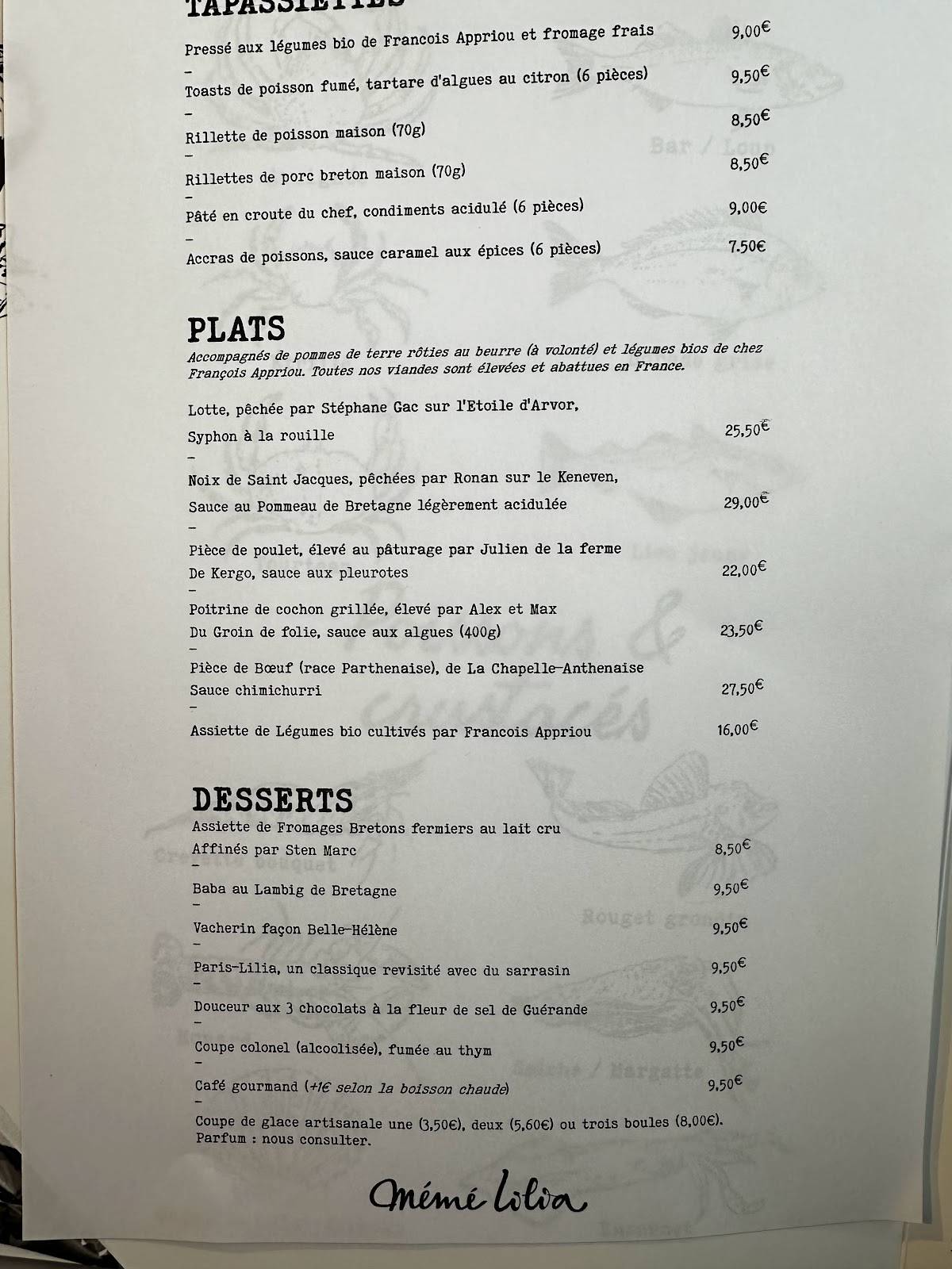 Menu at Mémé Lilia restaurant, Plouguerneau