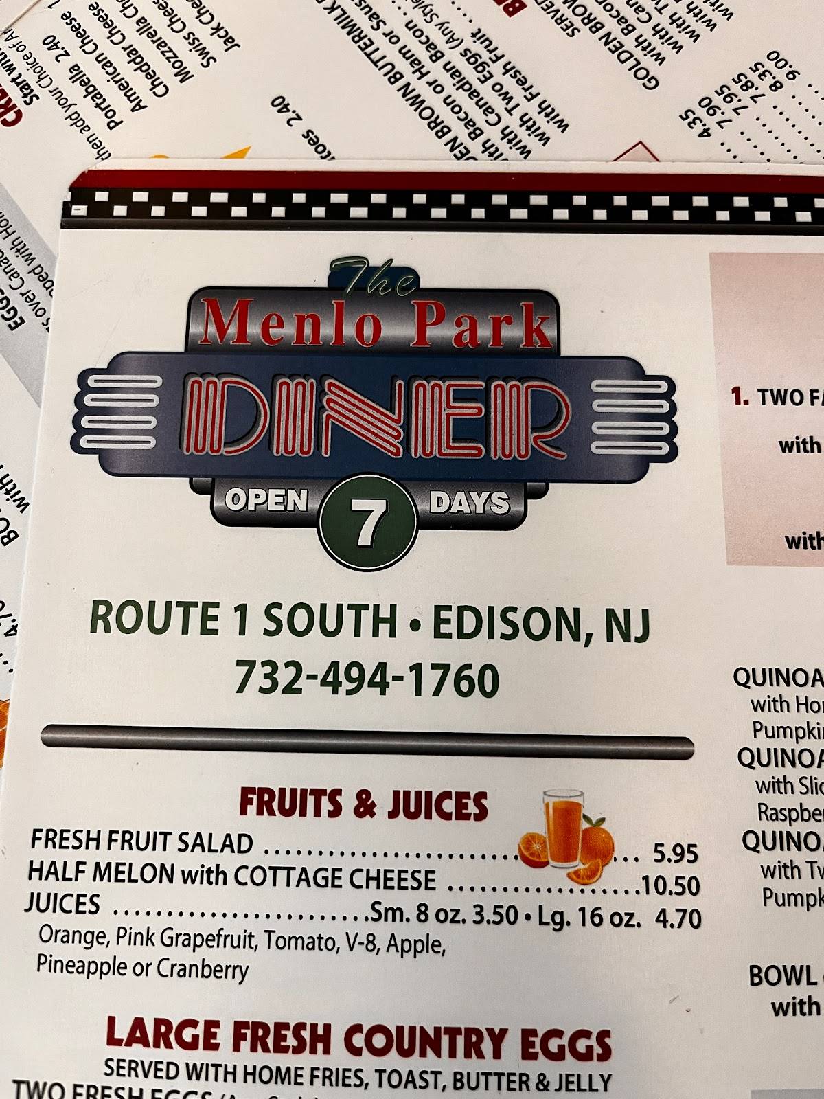 Menu at Menlo Park Diner cafe, Edison, US-1