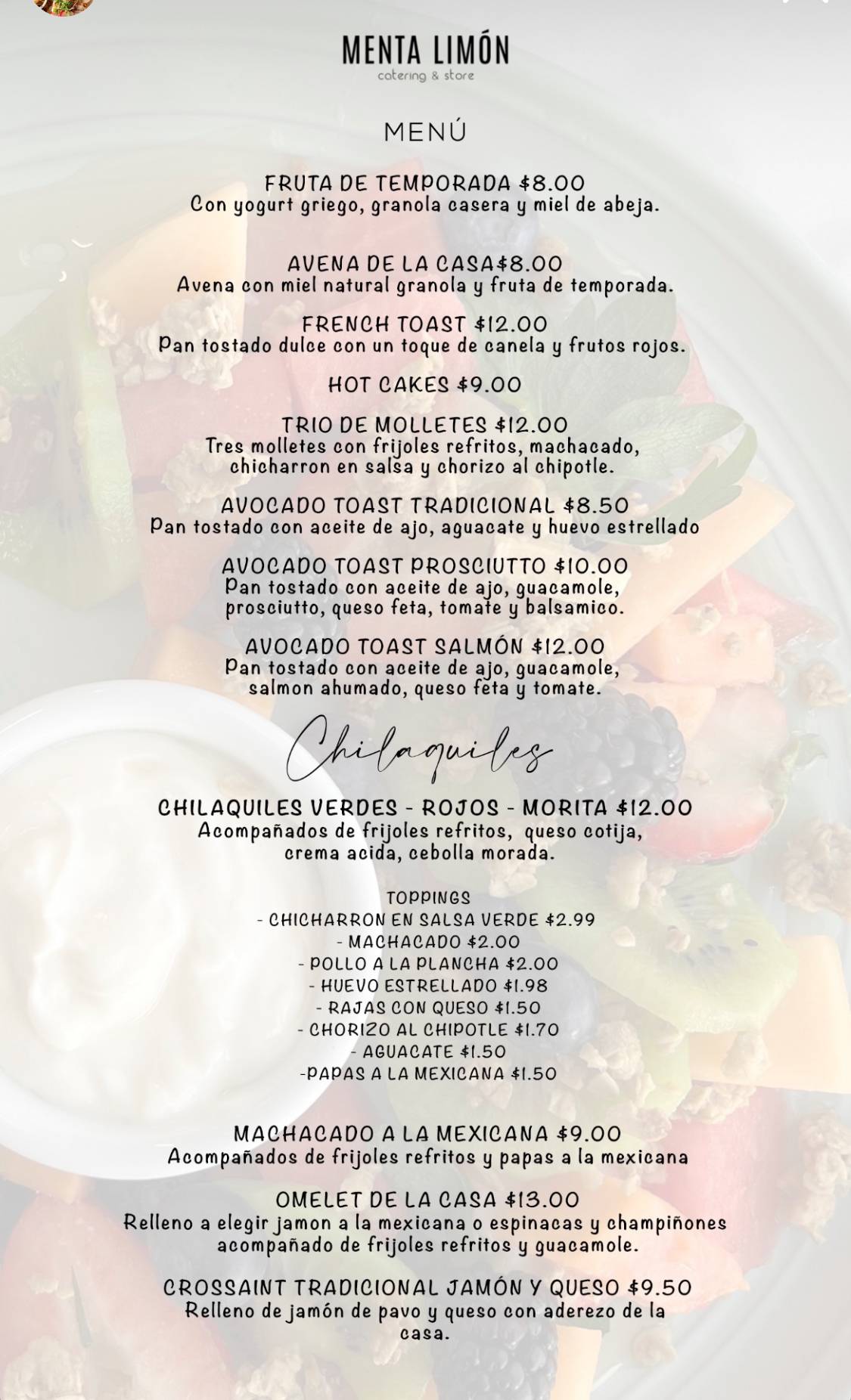 Menu at Menta Limón desserts, Laredo
