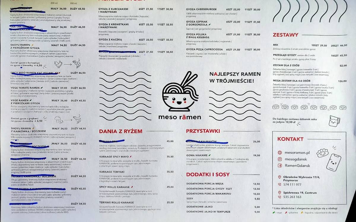 Menu at Meso Ramen restaurant, Gdańsk, Spichrzowa 19