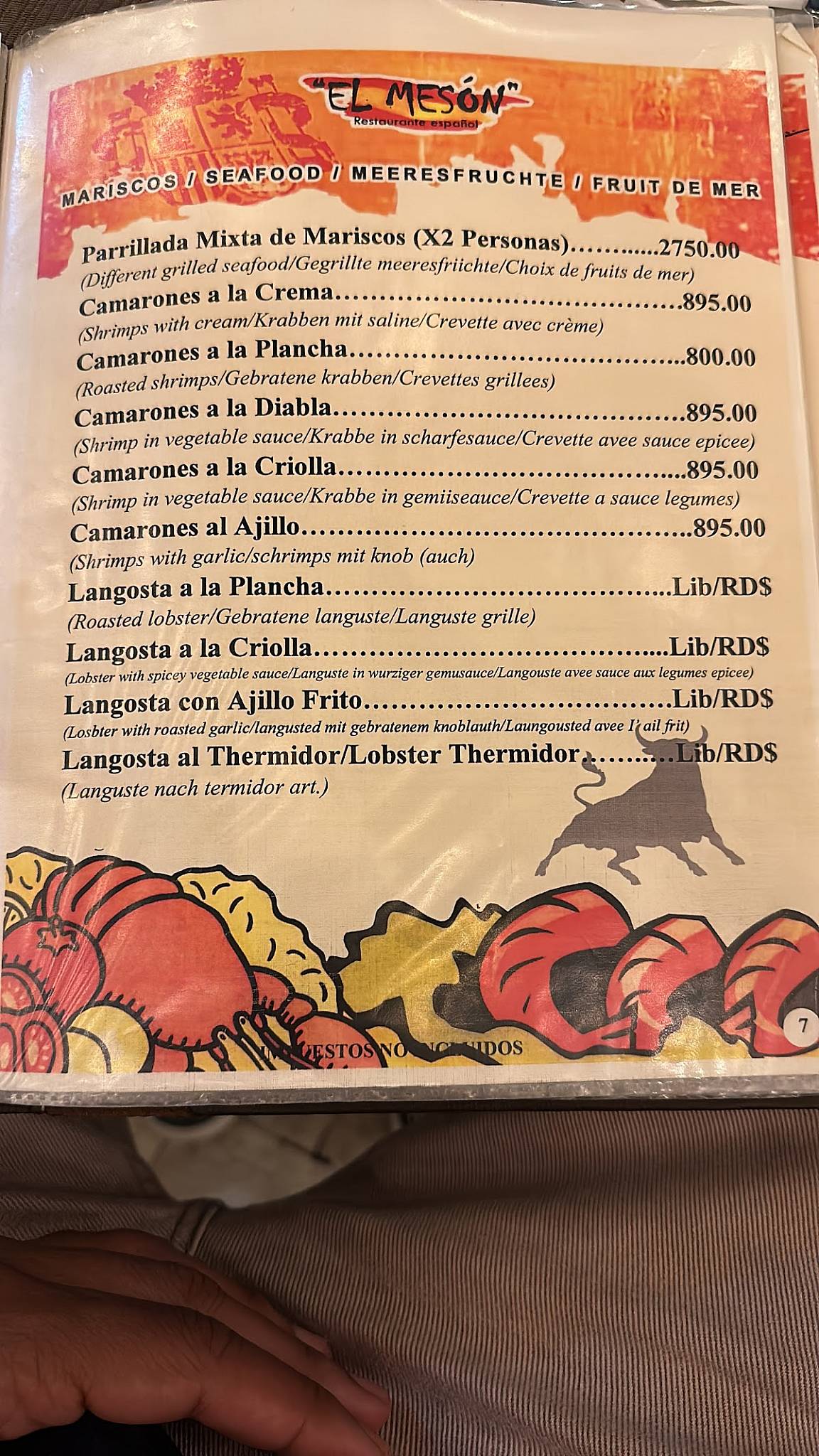Carta de Restaurante el Mesón Español, Playa Juan Dolio