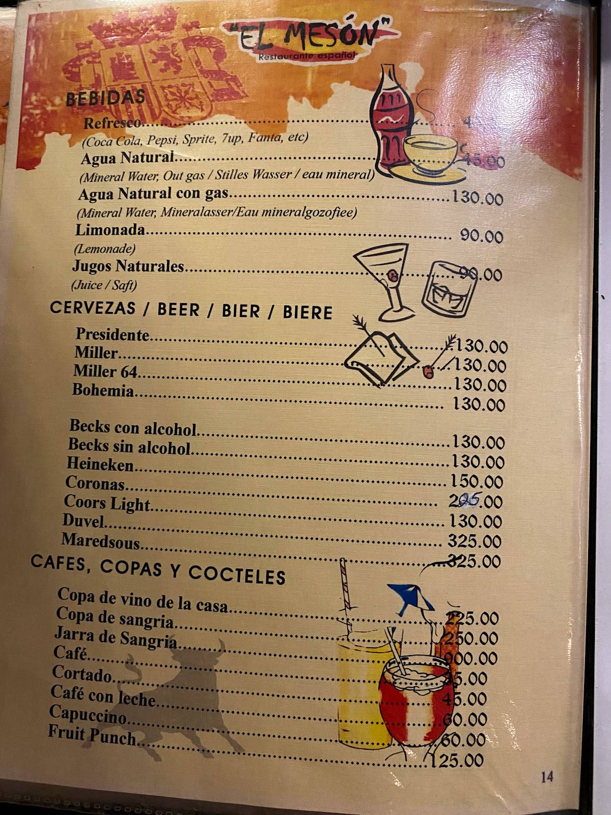 Carta de Restaurante el Mesón Español, Playa Juan Dolio