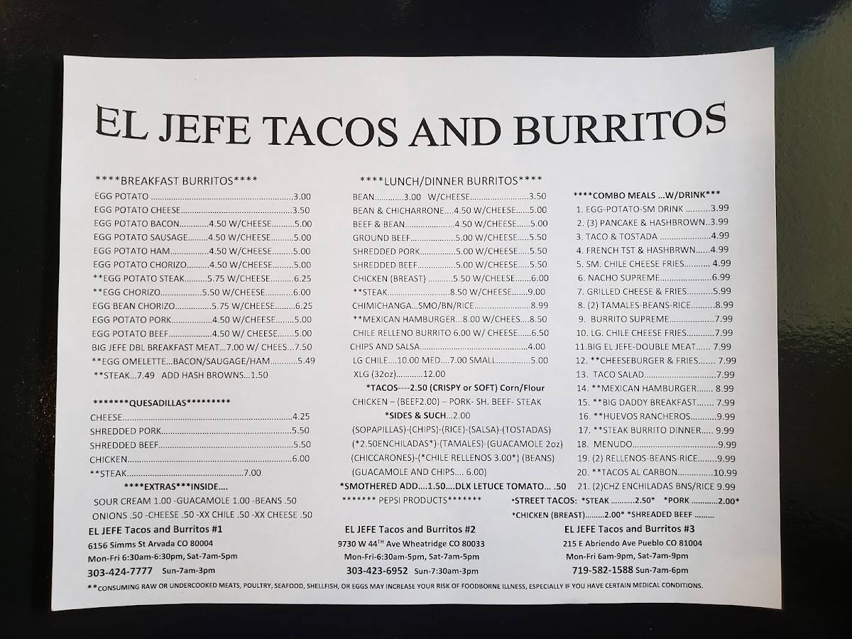Menu at Mexi-Deli restaurant, Pueblo
