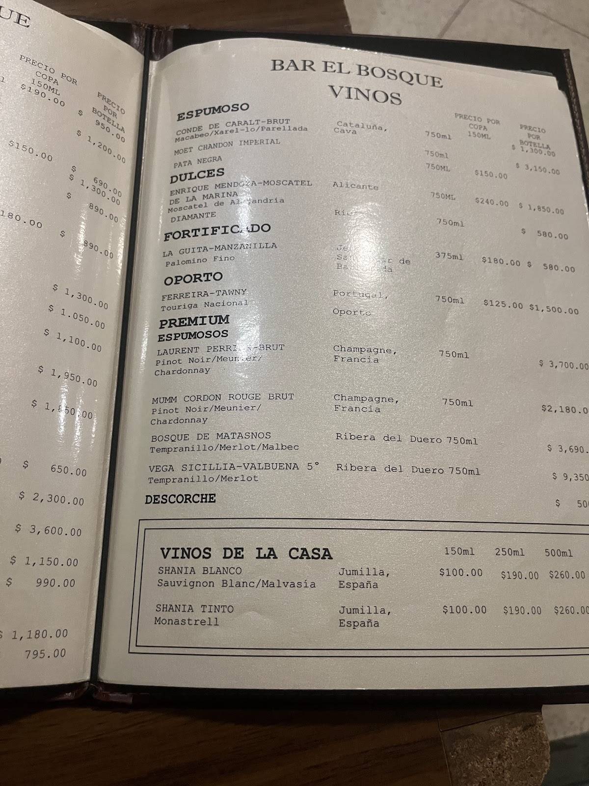 Menu at Bar El Bosque, Mexico City