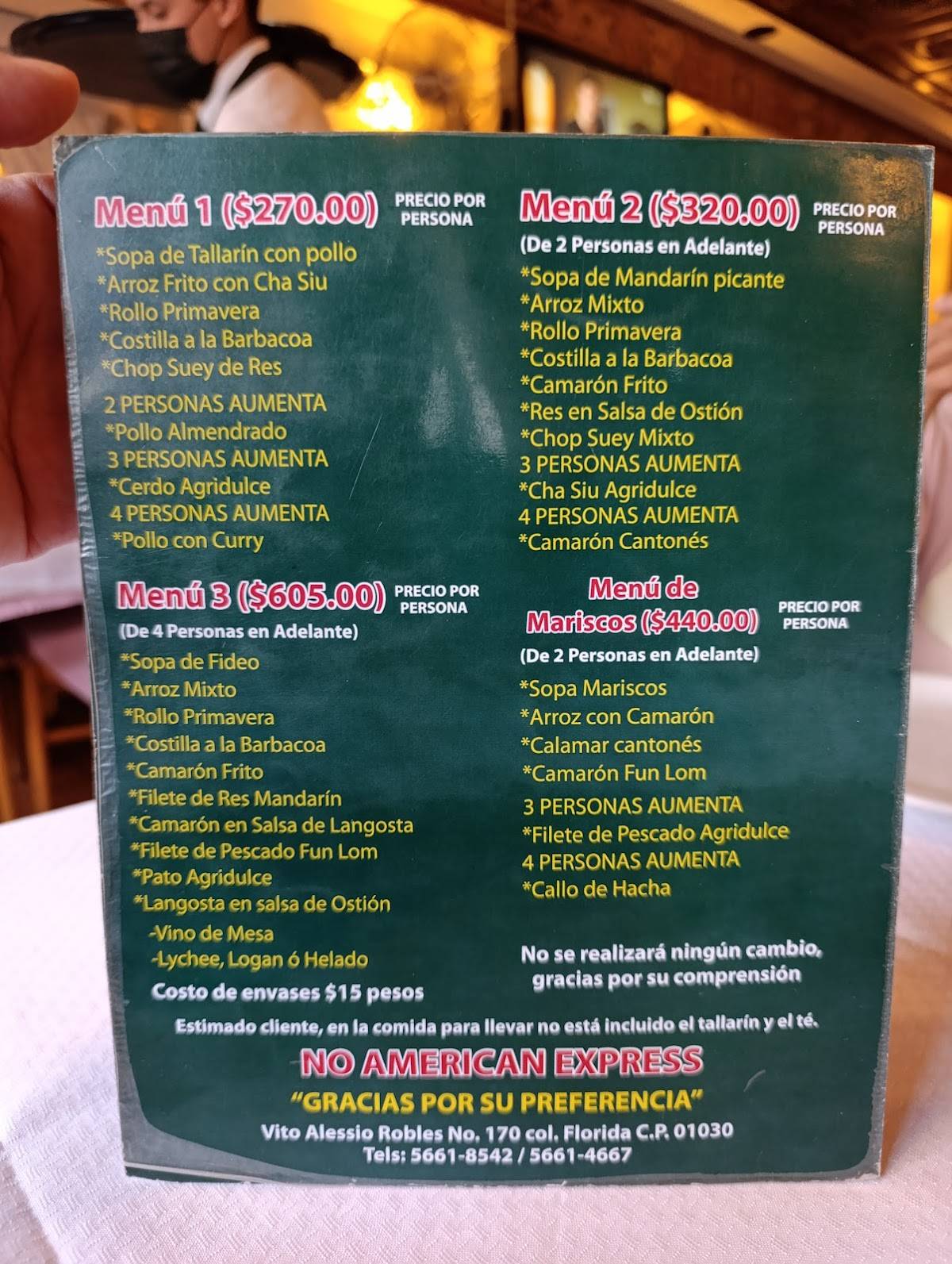 Carta del restaurante Fun Lom, Ciudad del México