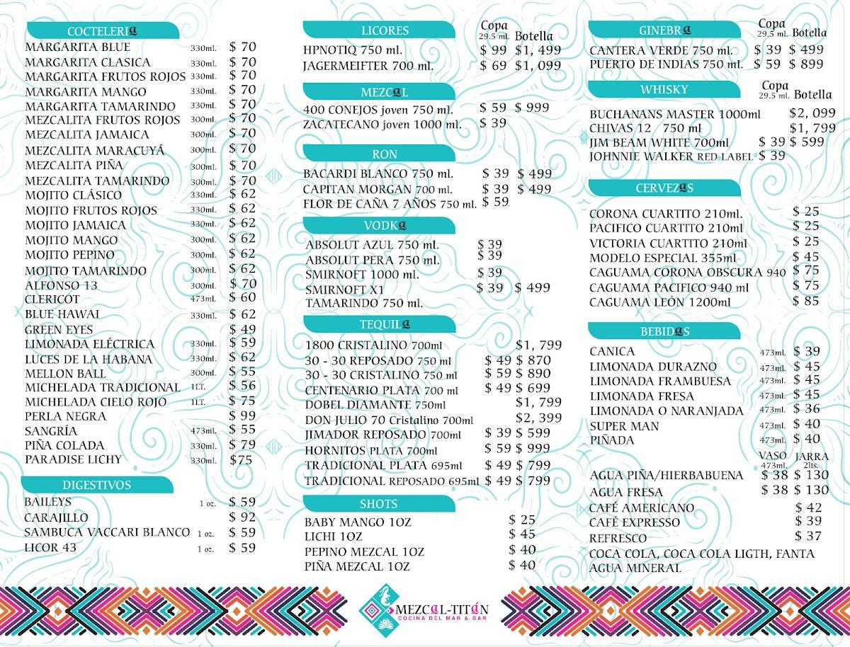 Menu at Mezcal-Titán restaurant, Guadalajara