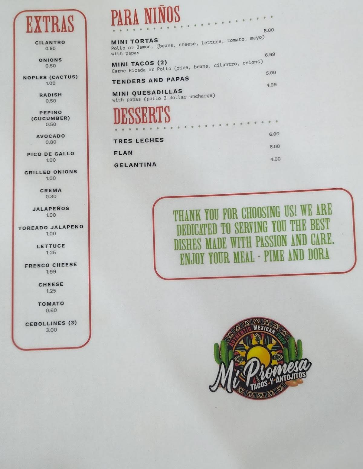 Menu at Mi Promesa Authentic Mexican Food, Sumter