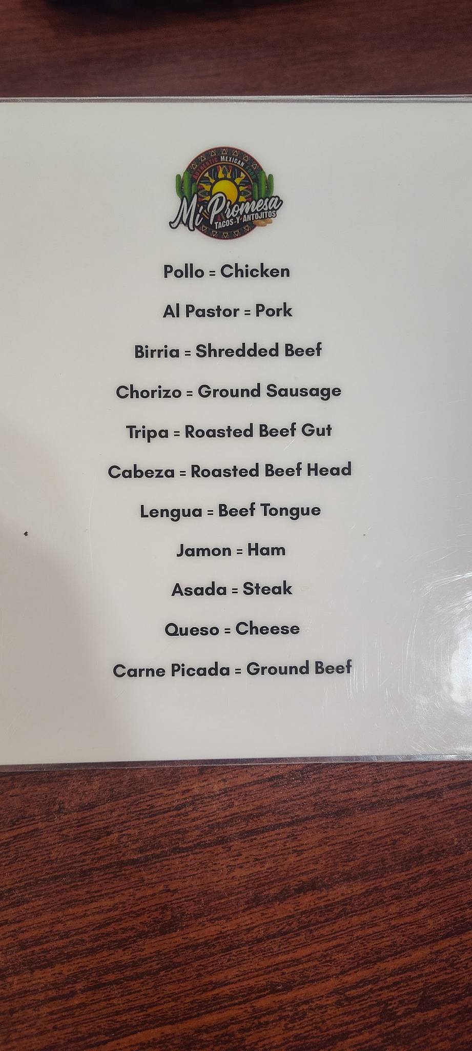 Menu at Mi Promesa Authentic Mexican Food, Sumter