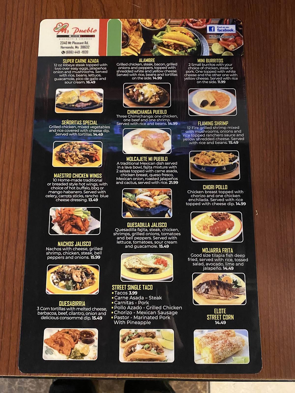 Menu at Mi Pueblo restaurant, Hernando, Mt Pleasant Rd