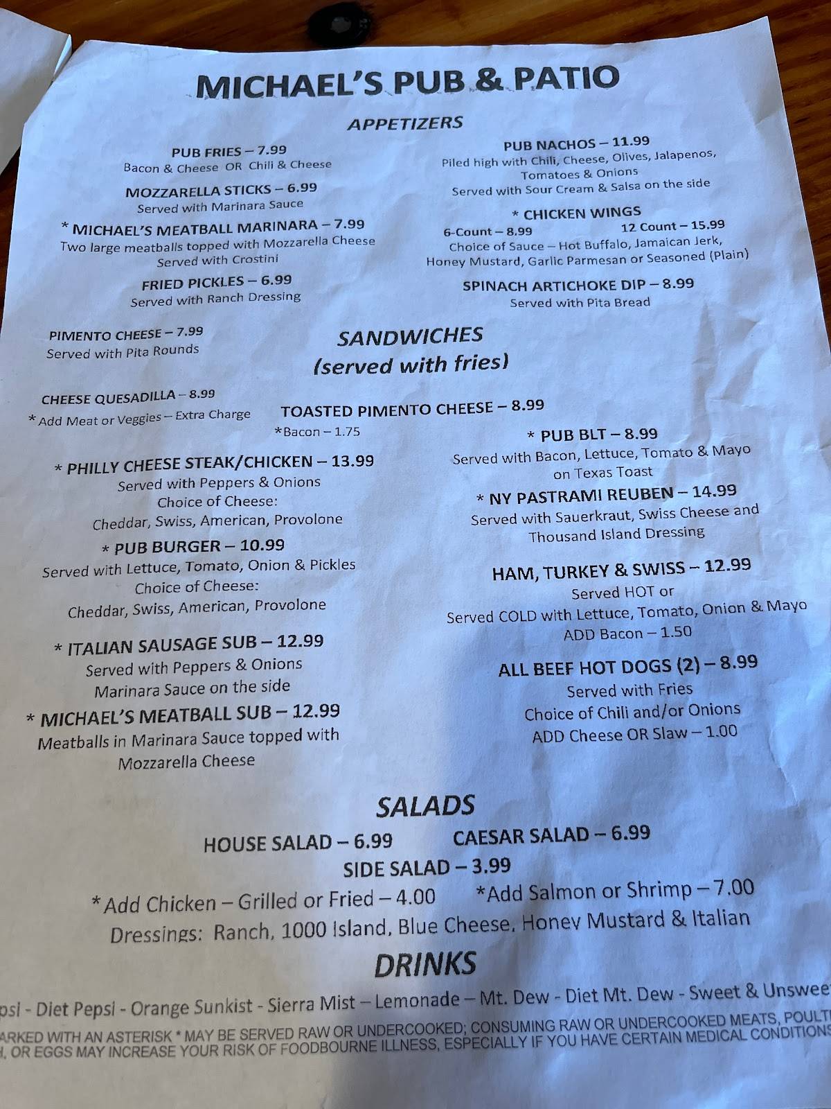 Menu at Michael’s Pub & Patio, New Bern