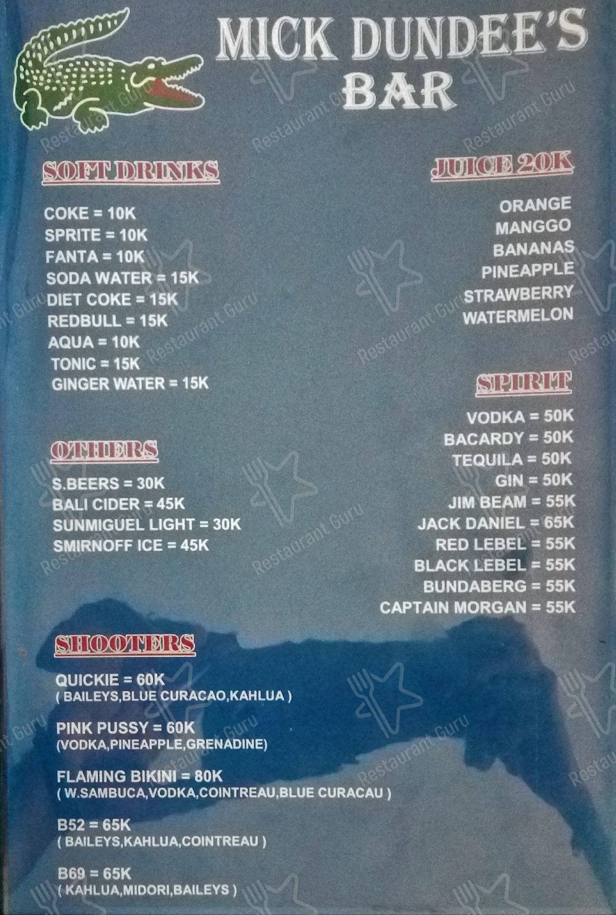 Menu at Mick Dundee's Bar, Mengwi