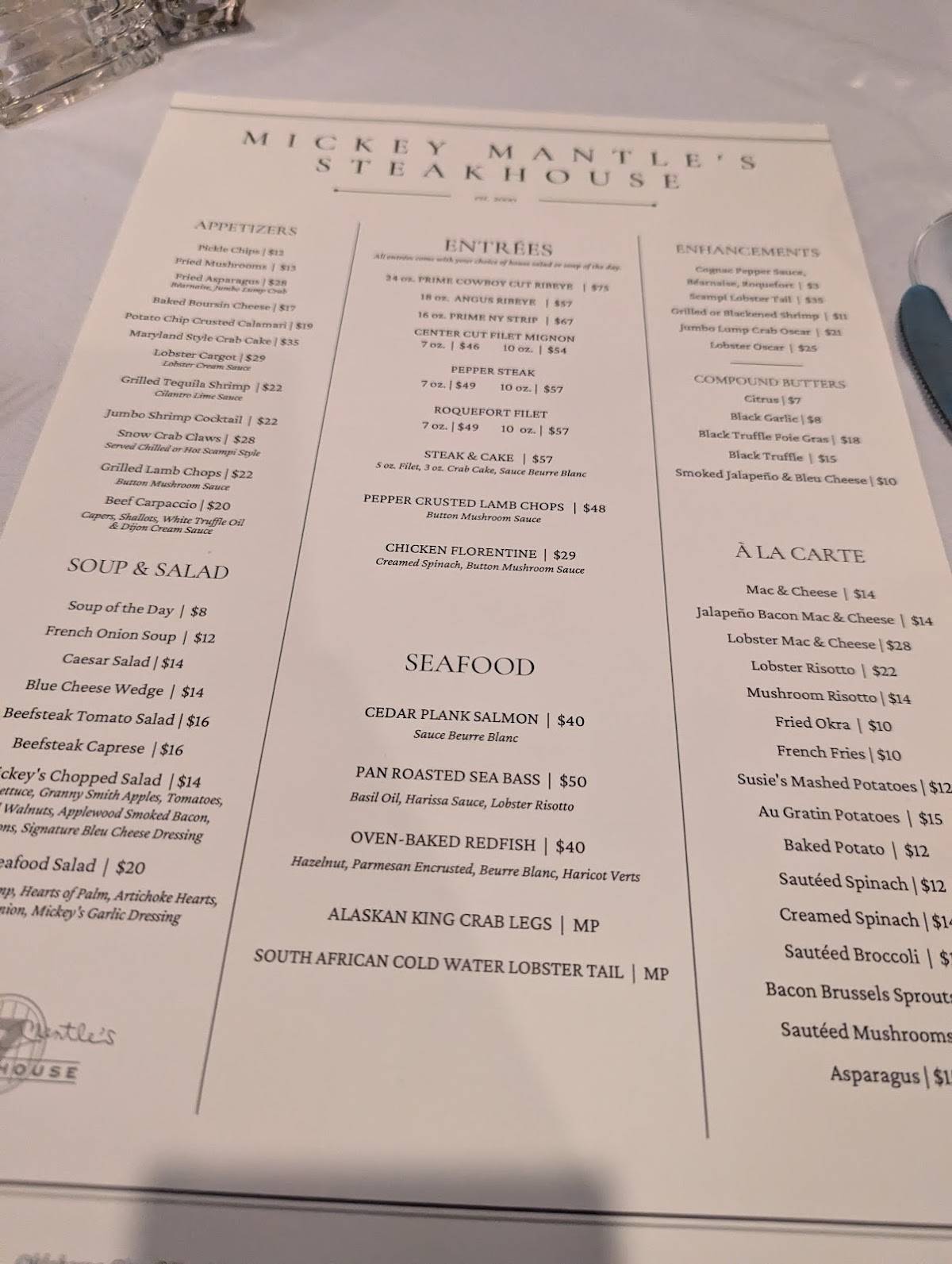 Menu at Mickey Mantle's Steakhouse, Oklahoma City, 7 S Mickey Mantle Dr