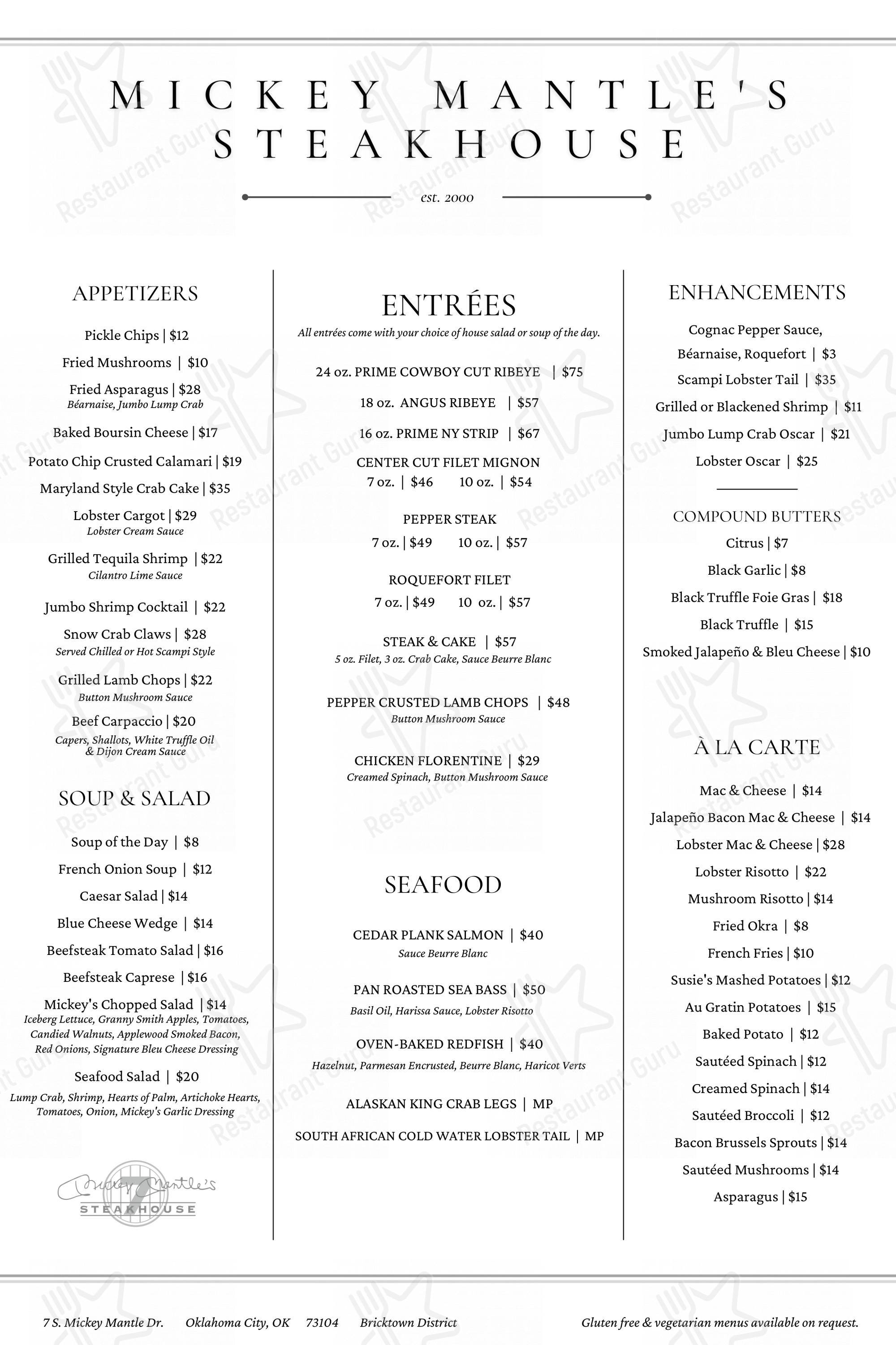Menu at Mickey Mantle's Steakhouse, Oklahoma City, 7 S Mickey Mantle Dr