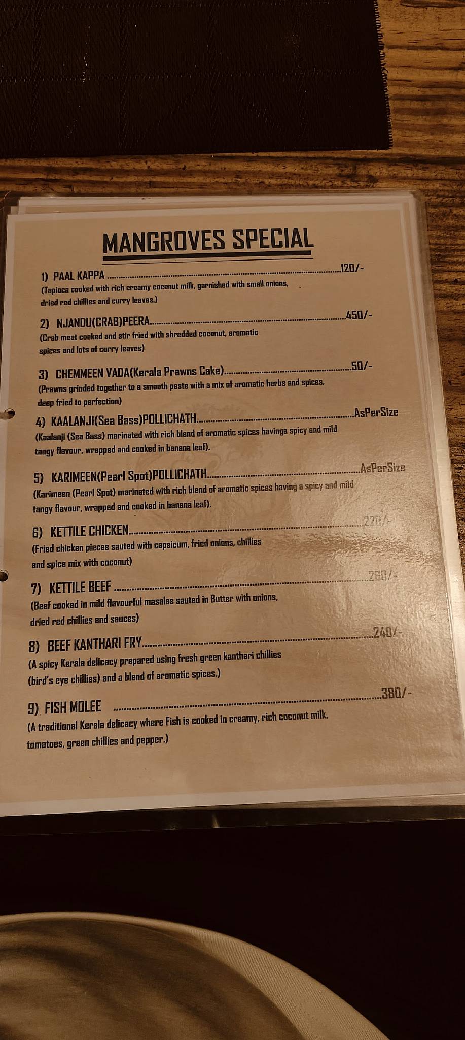 Menu at Mid Day Mangroves, Ernakulam