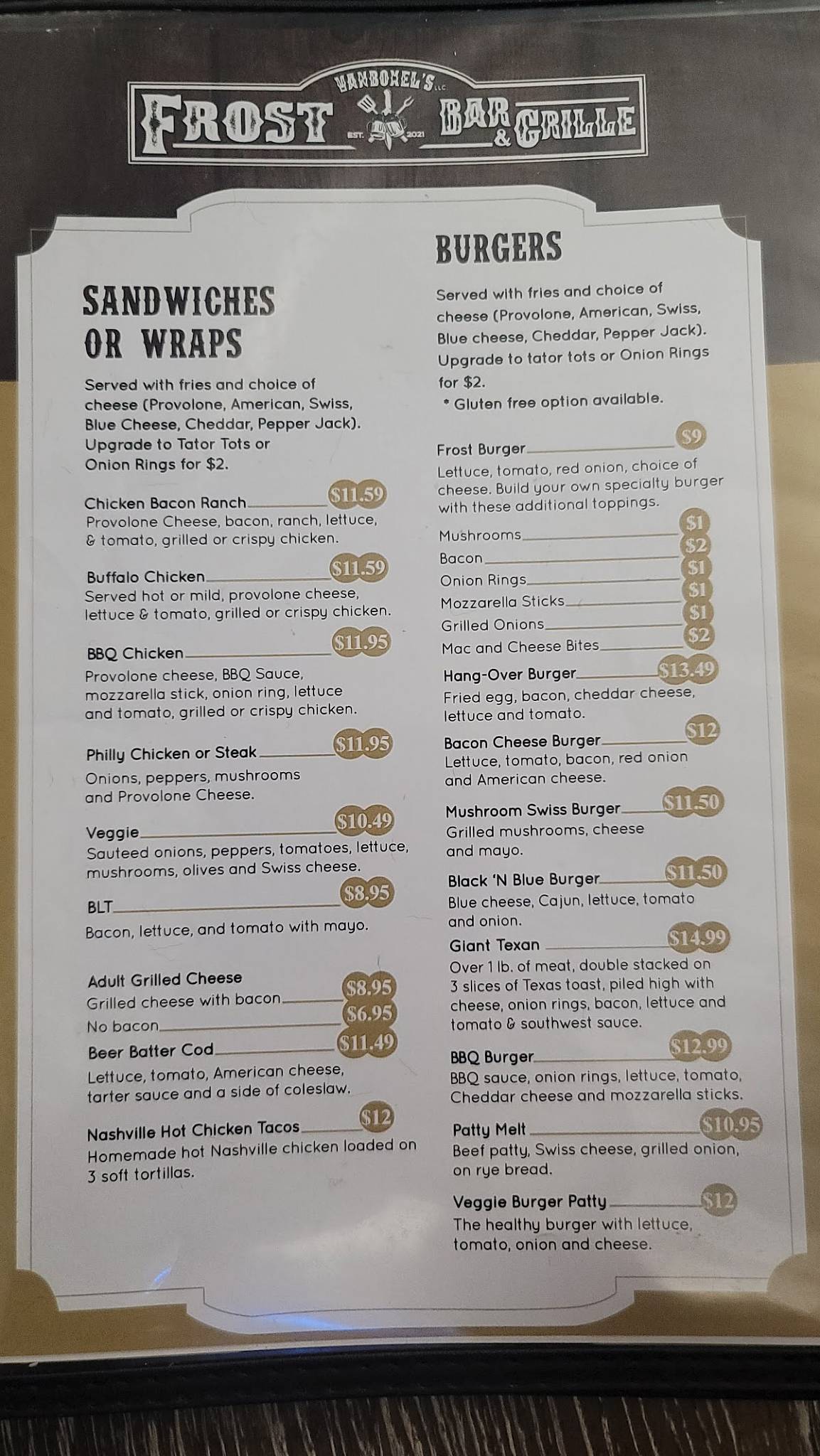 Menu at FROST BAR N Grille, Middlefield