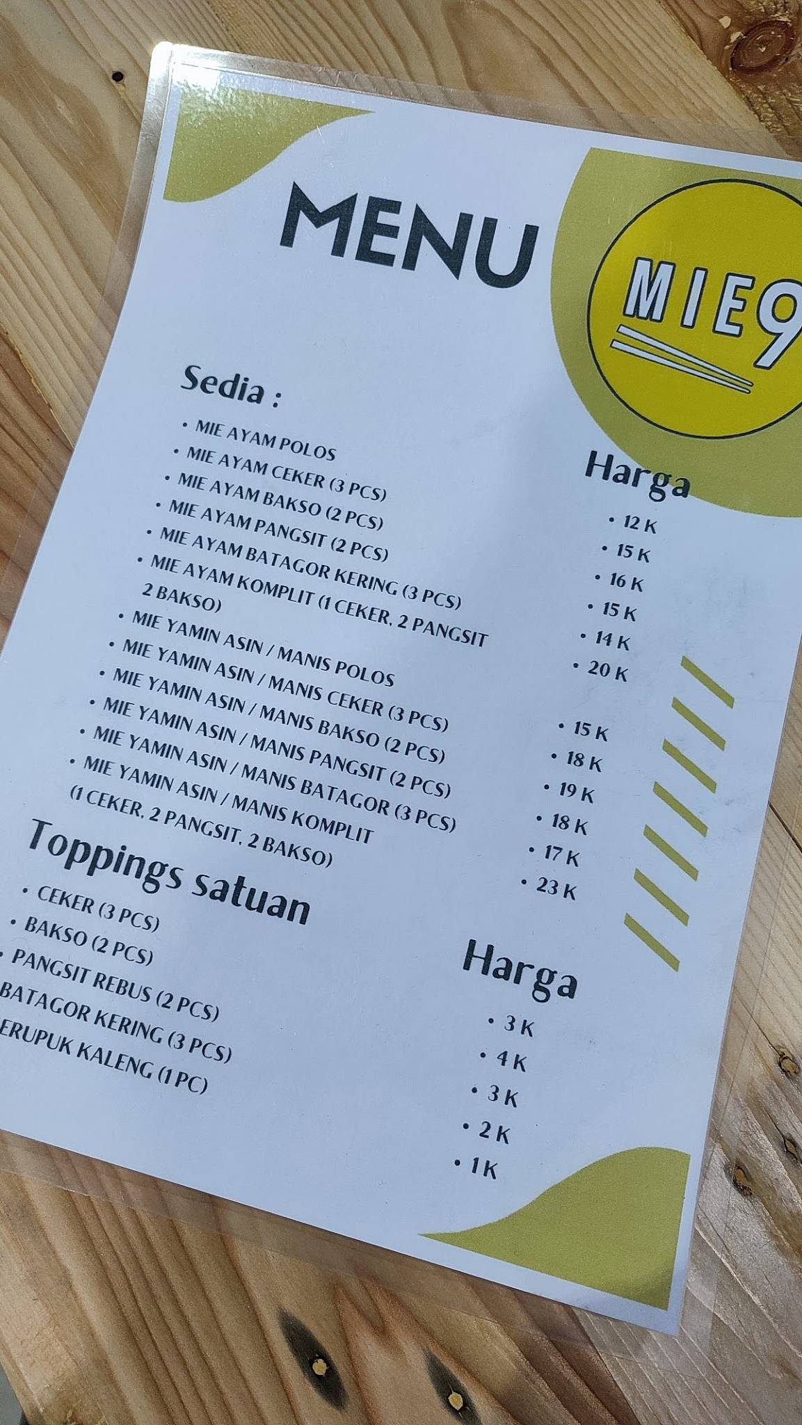 Menu at Mie 9 - mie ayam, mie yamin dan mie bakso restaurant, Tangerang