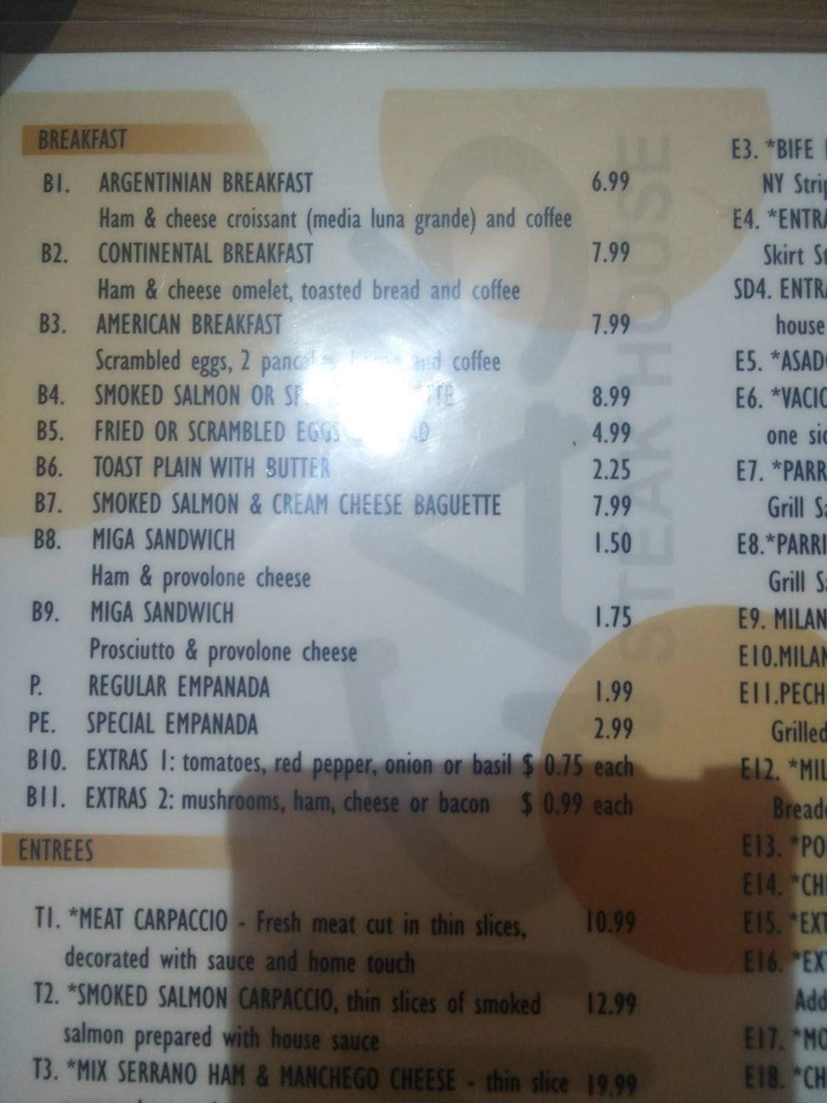 Menu at Miga's Steakhouse, Miramar