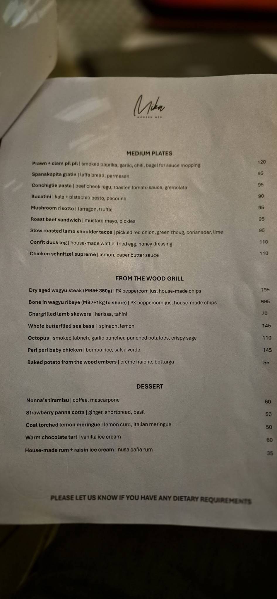 Menu at Mika Yas Marina restaurant, Abu Dhabi