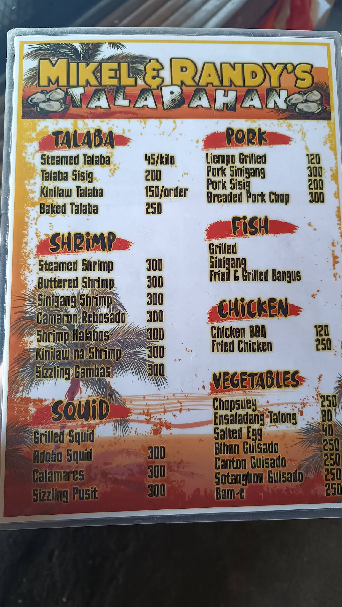 Menu at Mikel and Randy Talabahan restaurant, New Washington