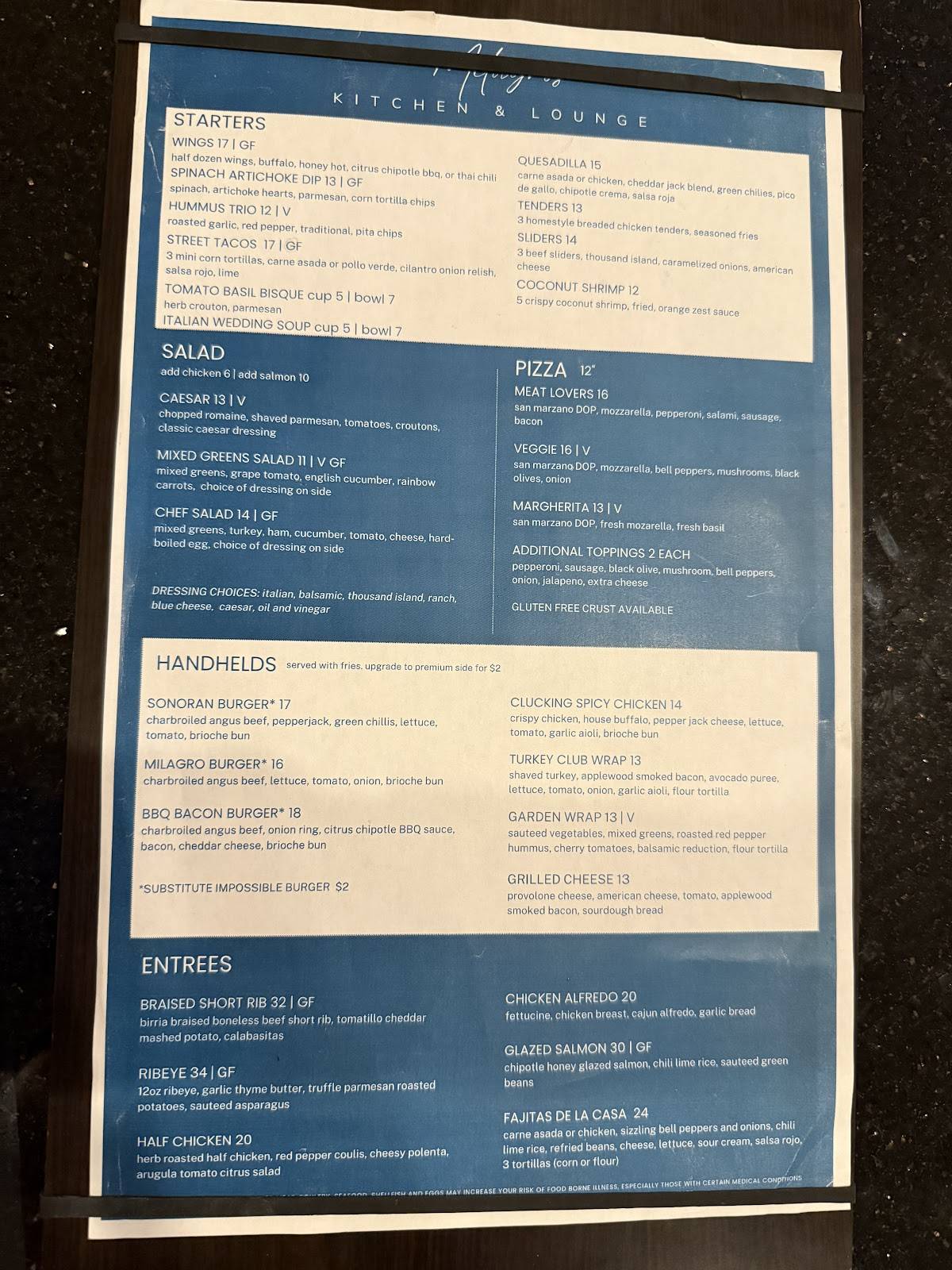 Carta del restaurante Milagros, Tempe