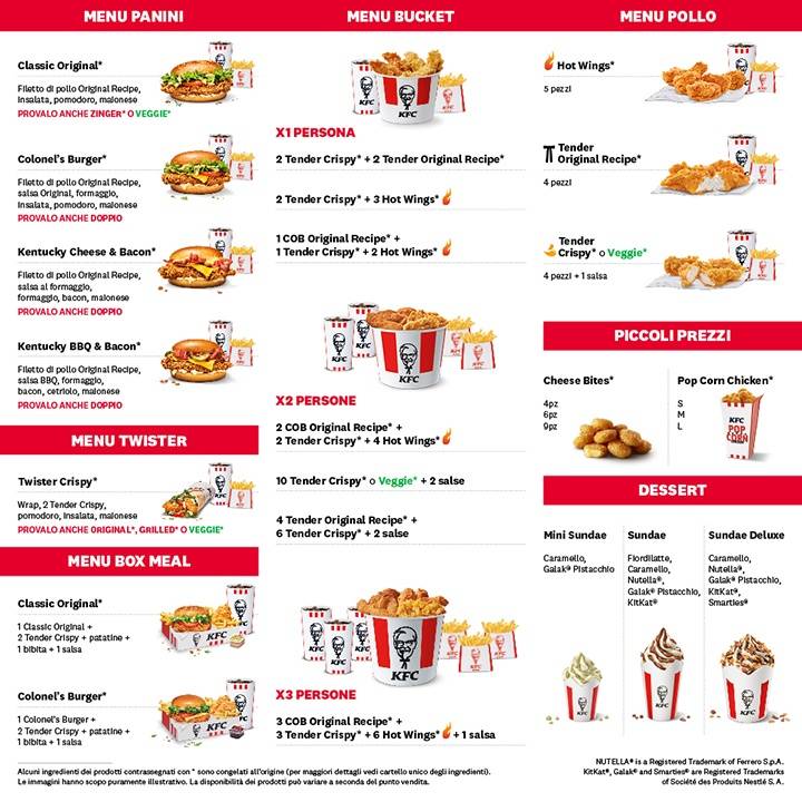 Menu da KFC ristorante, Milano, Via Privata della Passarella
