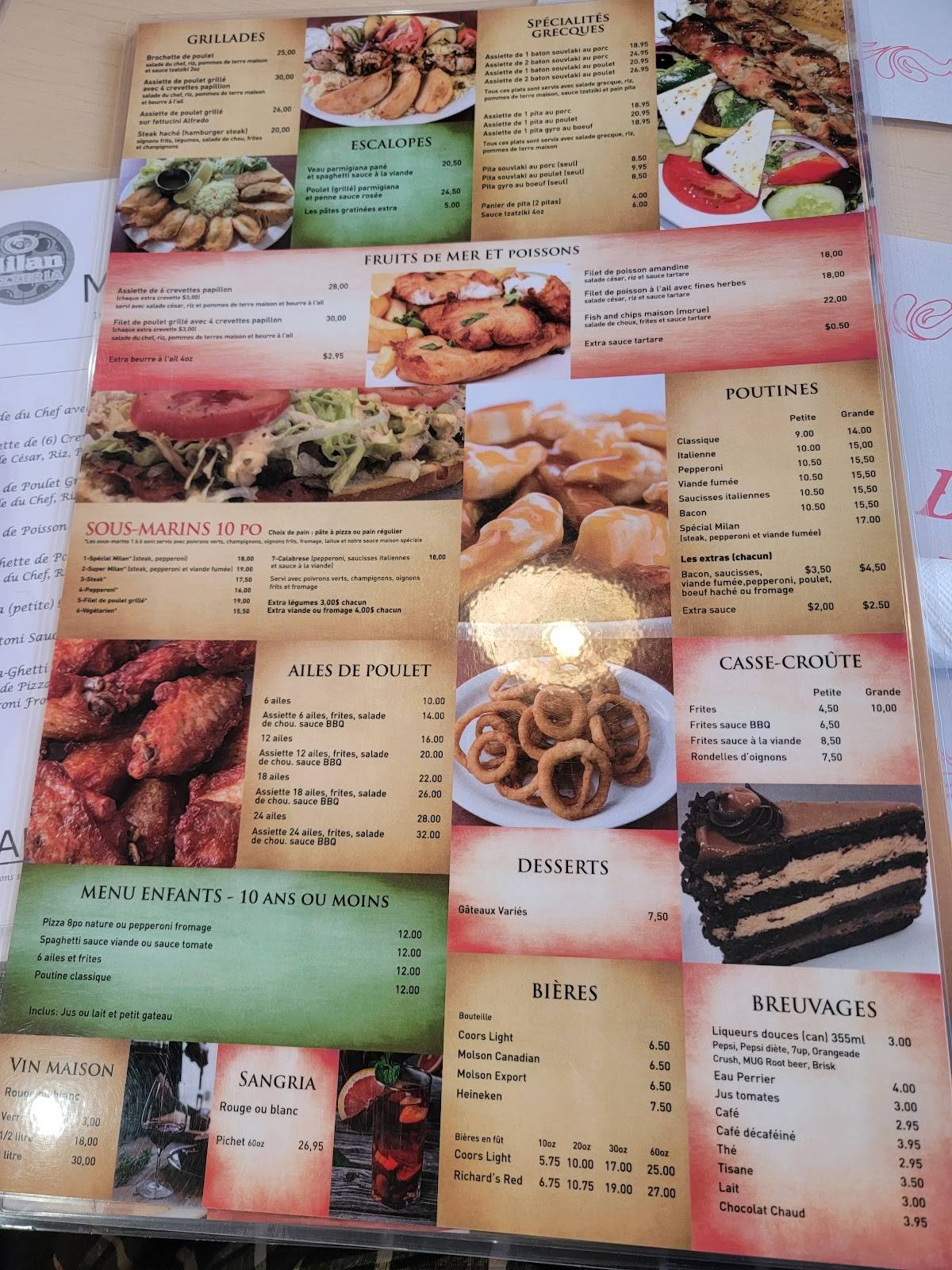 Menu au Milan Pizzeria, Longueuil
