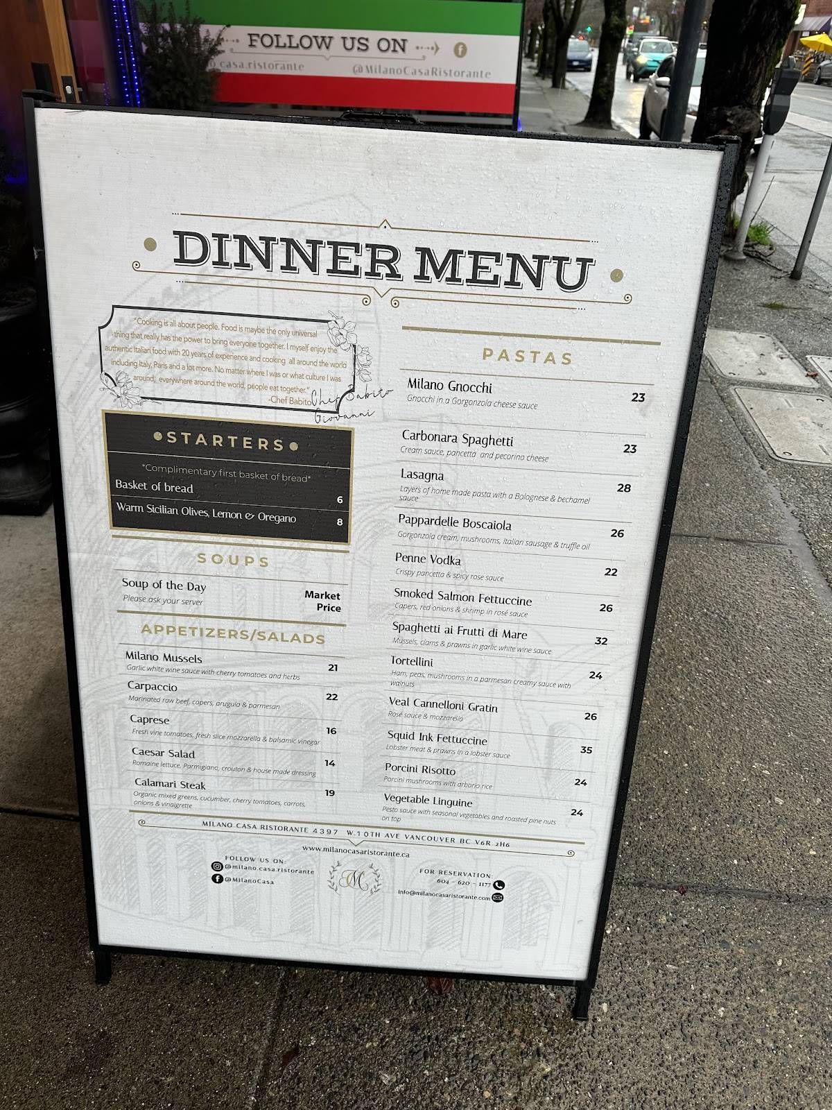 Menu at Milano Casa Ristorante restaurant, Vancouver