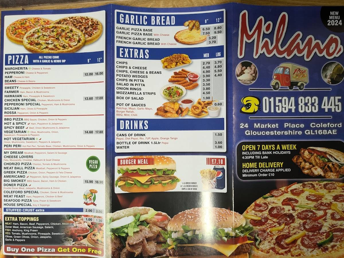 Menu at Milano pizzeria, Coleford