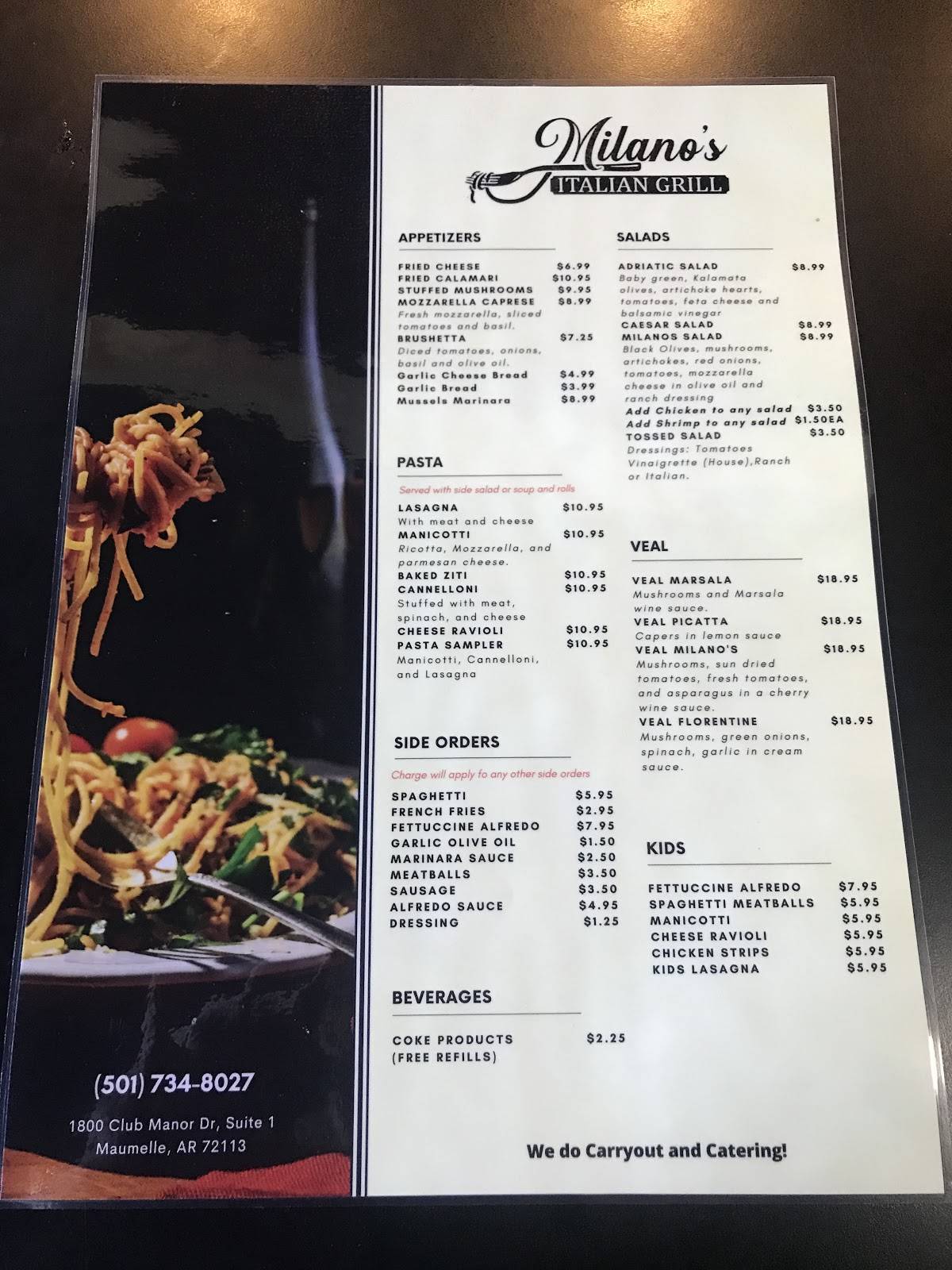Menu at Milano’s Italian Grill restaurant, Maumelle
