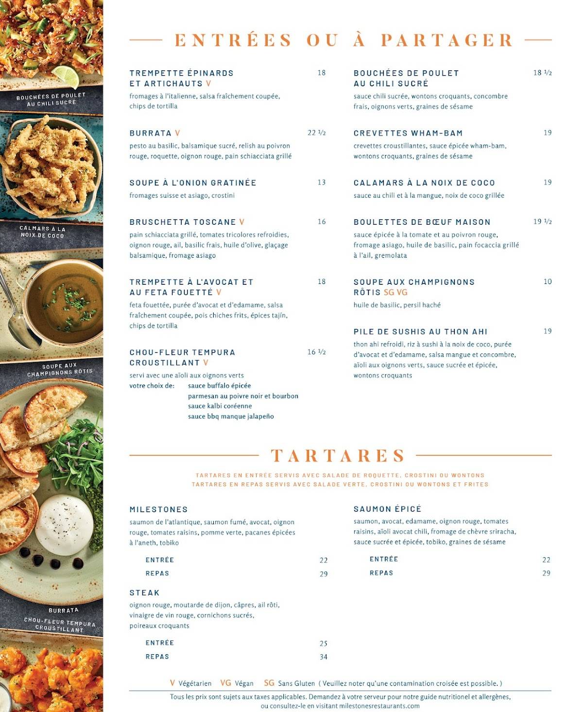 Menu at Milestones restaurant, Montréal
