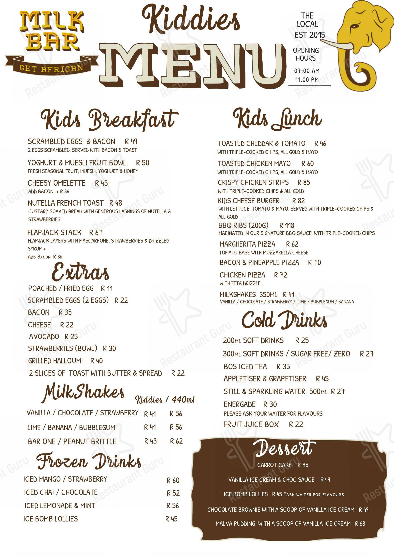 Menu at Milk Bar Events Venue - Milk Shed, Johannesburg, sports club