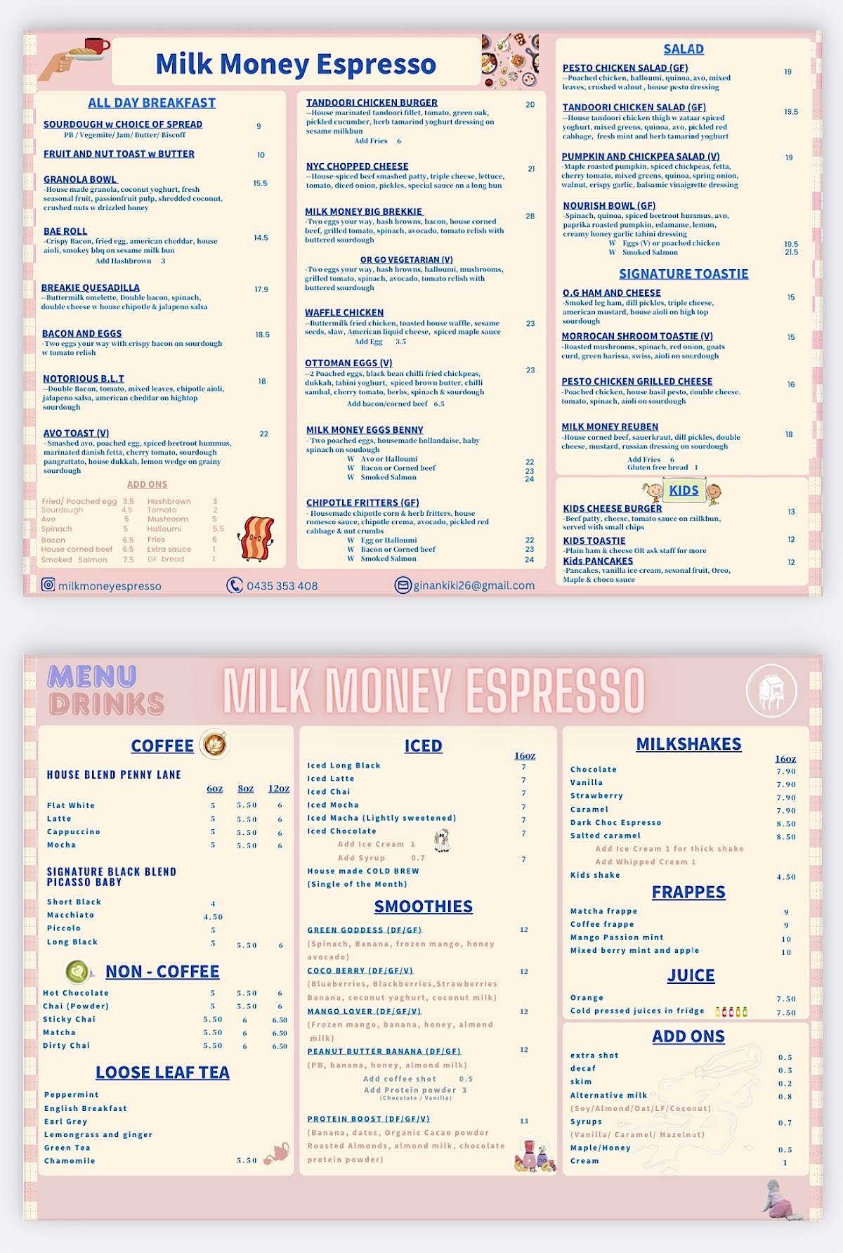 Menu at Milk Money Espresso cafe, Robina