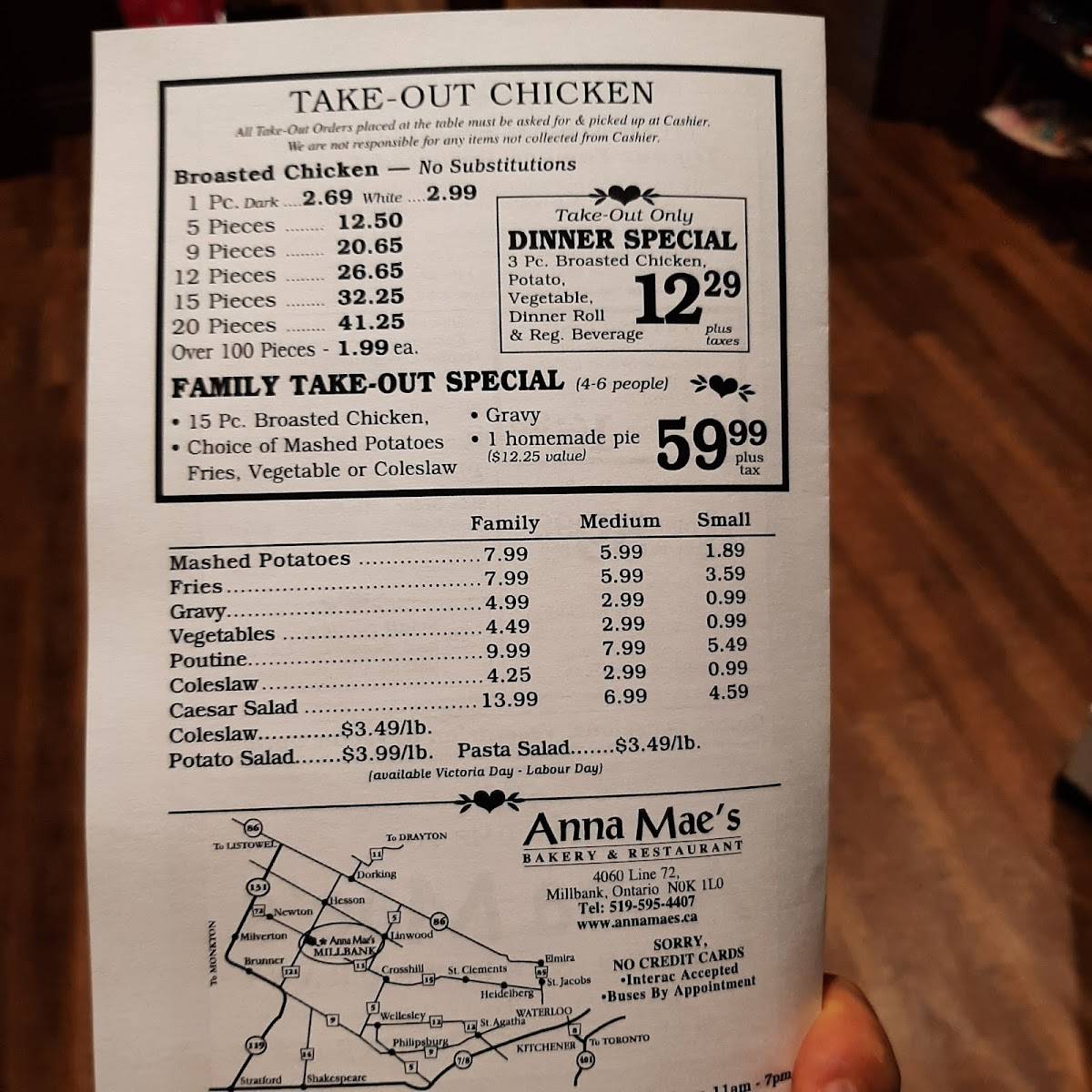 Menu at Anna Mae's Bakery & Restaurant, Millbank