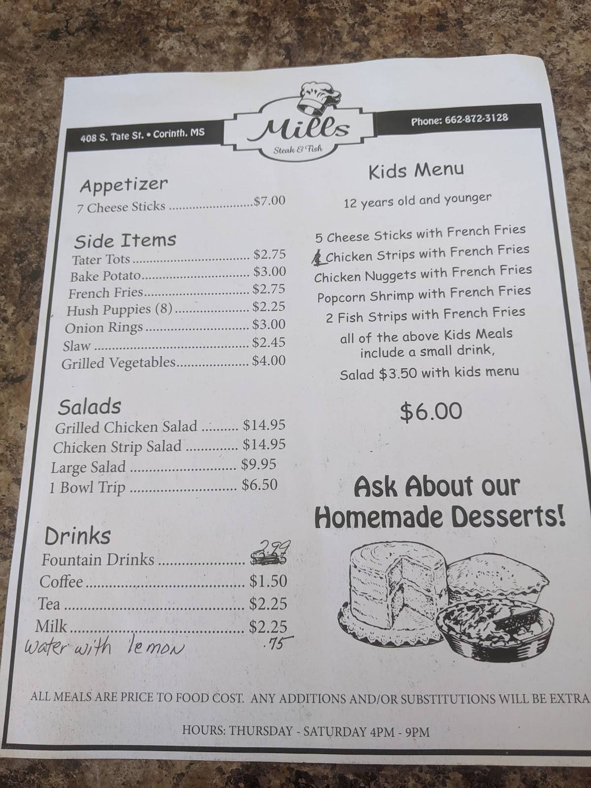 Menu at Mills Steak And Fish steakhouse, Corinth