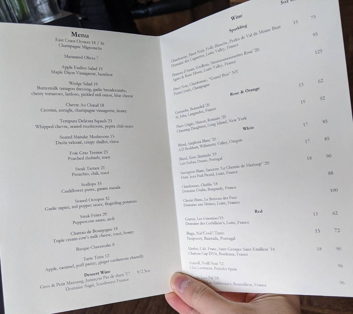 Menu at Milou cafe, Toronto