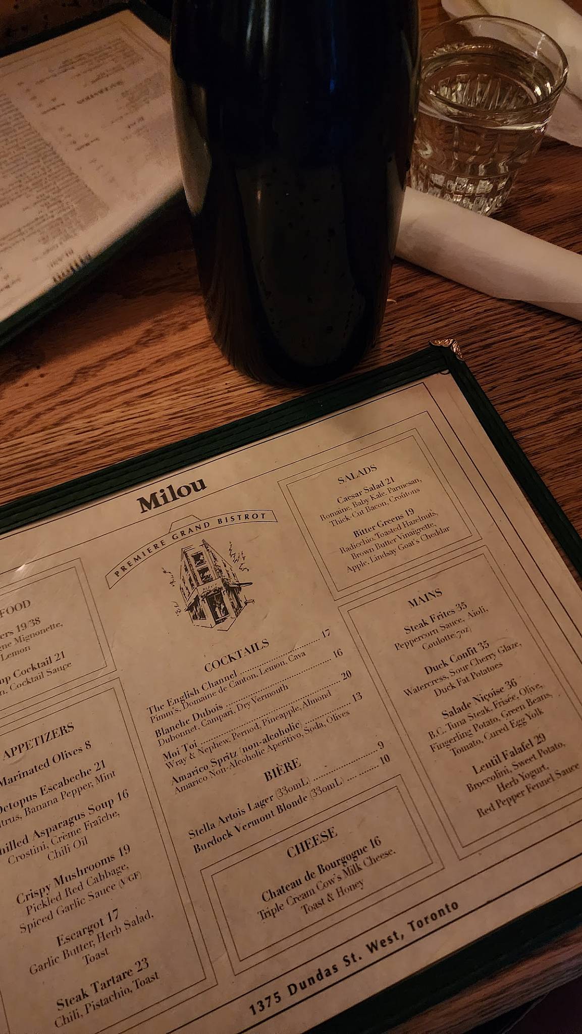 Menu at Milou cafe, Toronto