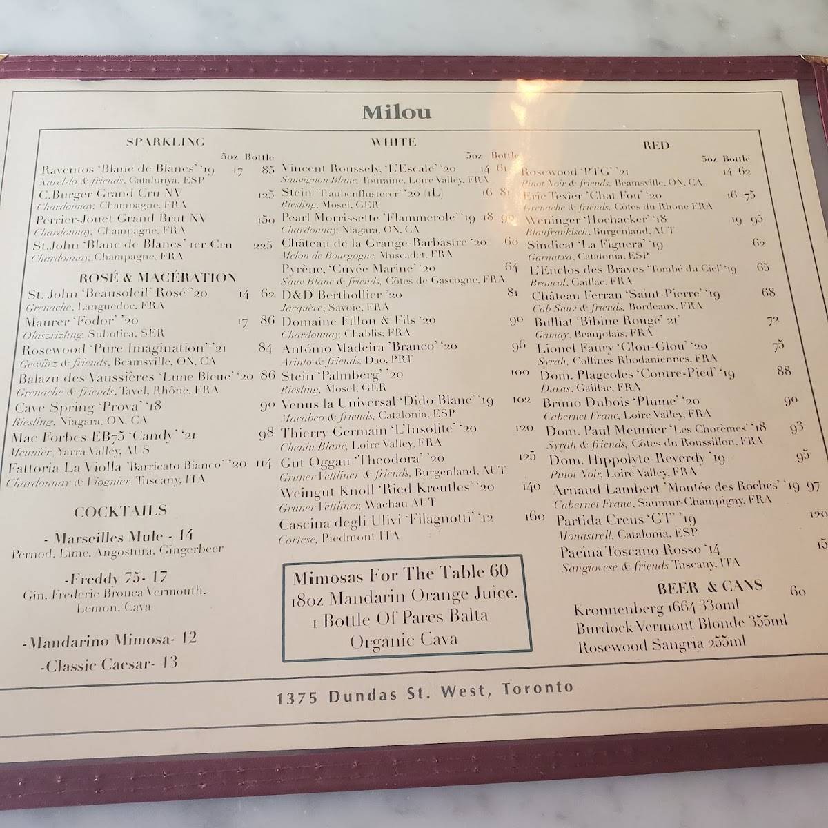 Menu at Milou cafe, Toronto