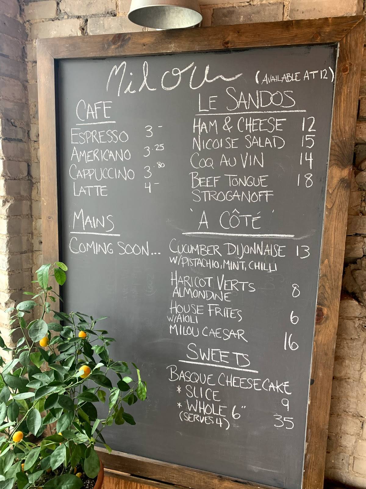 Menu at Milou cafe, Toronto