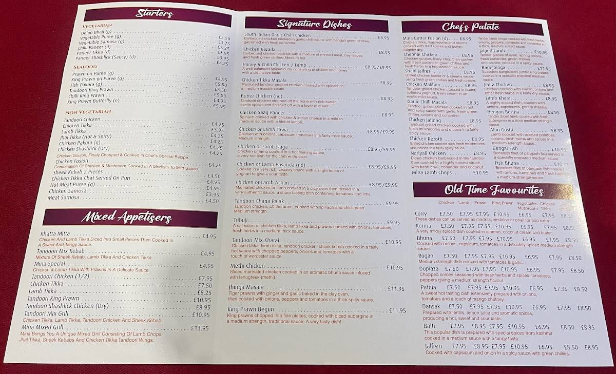 Menu at Mina Restaurant & Takeaway (Dordon), Tamworth, 9 Browns Ln