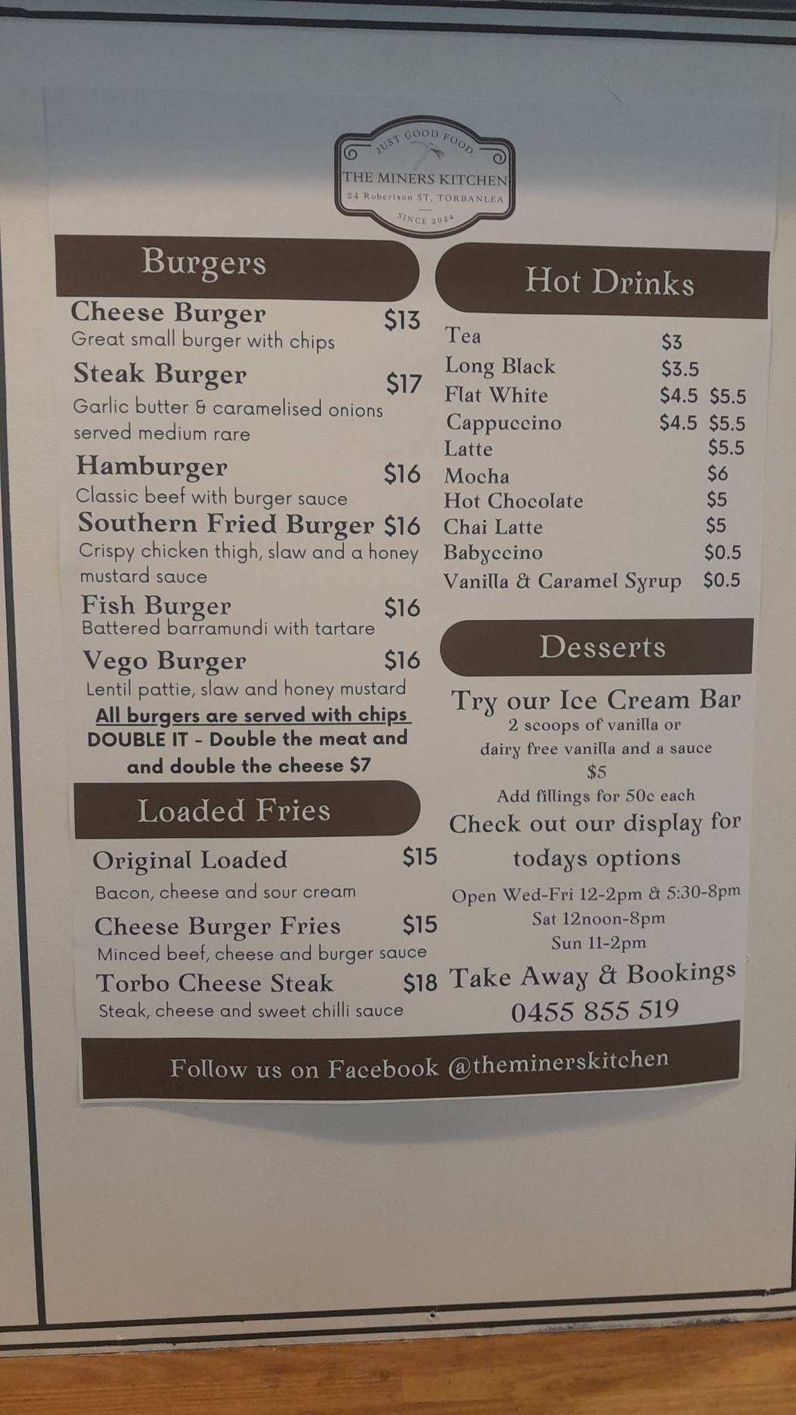 Menu at Miners Arms Hotel pub & bar, Torbanlea
