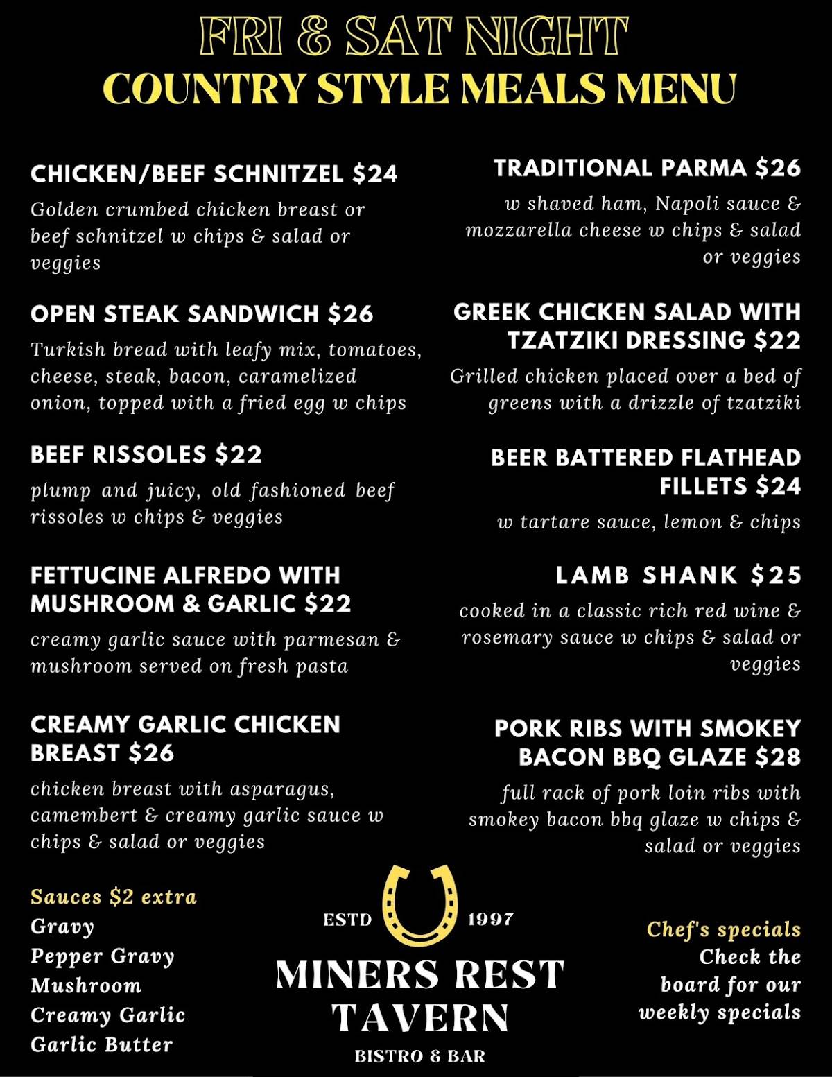Menu at Miners Rest Tavern pub & bar, Miners Rest