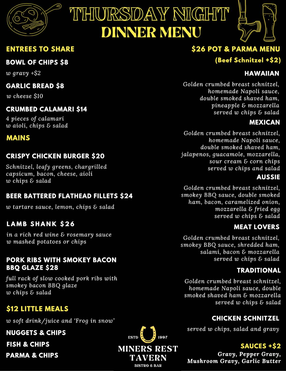 Menu at Miners Rest Tavern pub & bar, Miners Rest