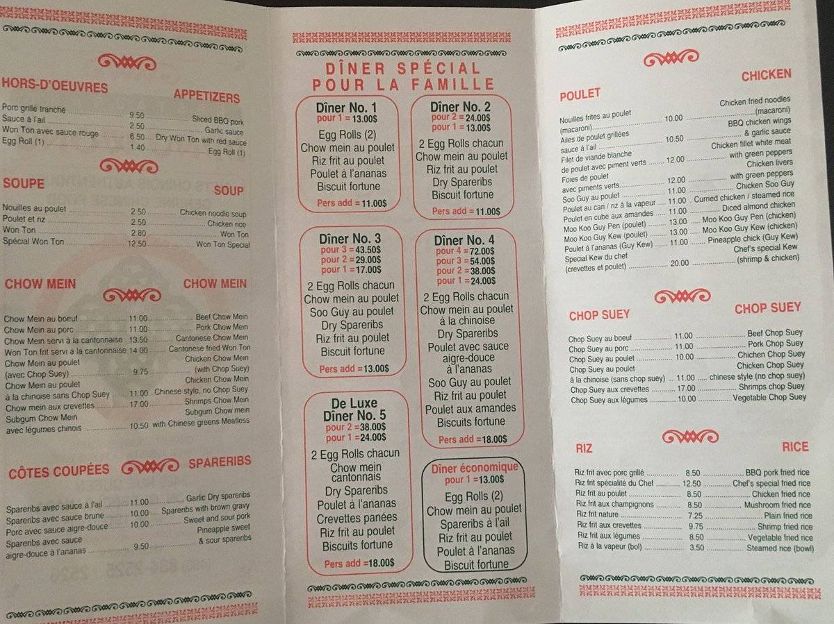Menu au Ming Wong Mets Chinois restaurant, Rawdon