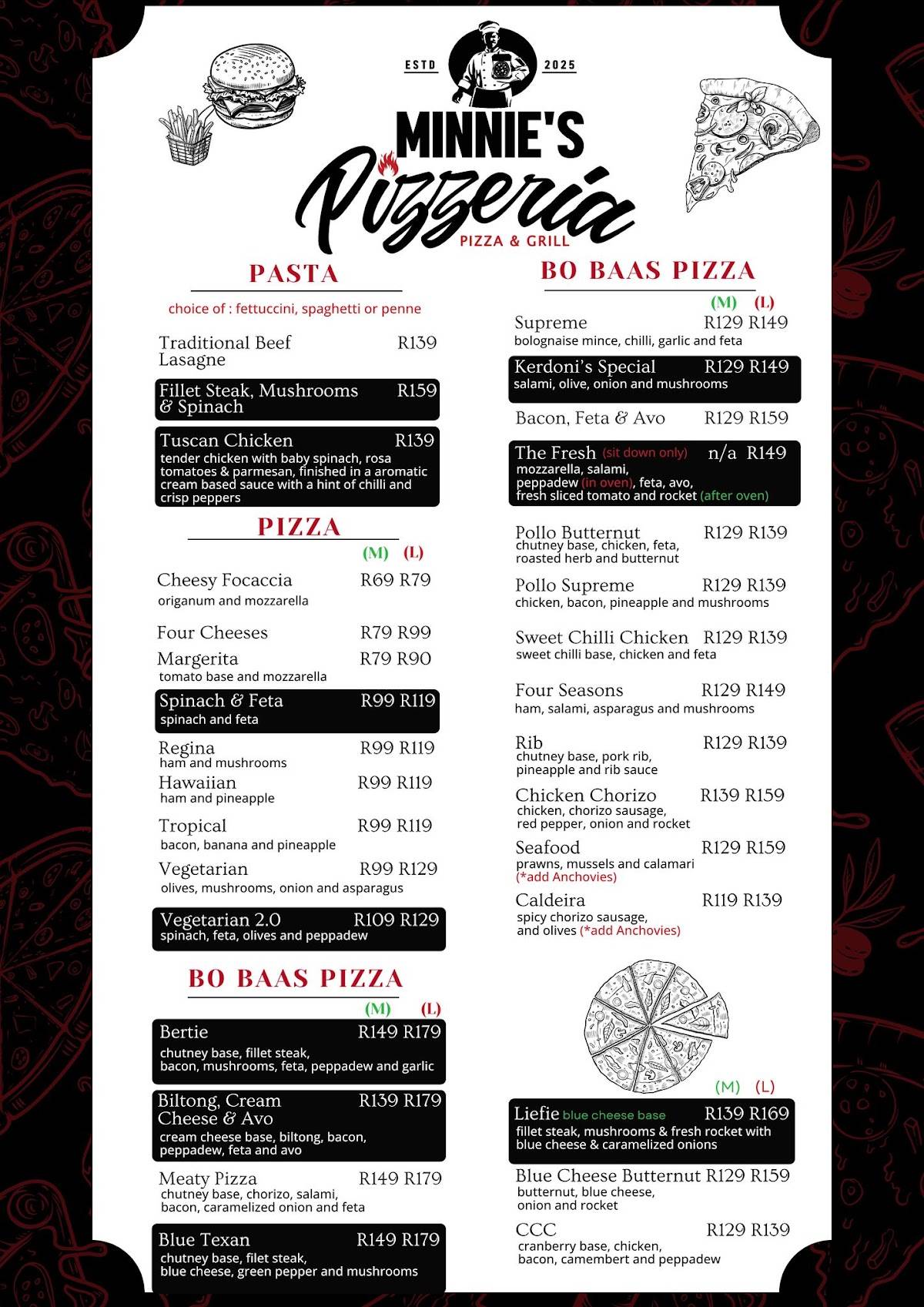 Menu at Minnie's Pizzeria - Baysvillage, Bloemfontein