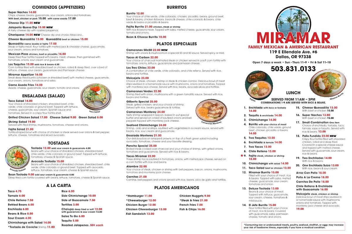 Menu at Miramar Mexican Restaurant, Dallas