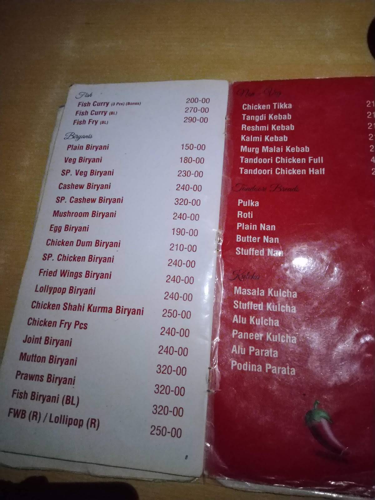 Menu at Mirchi Restaurant, Tenali