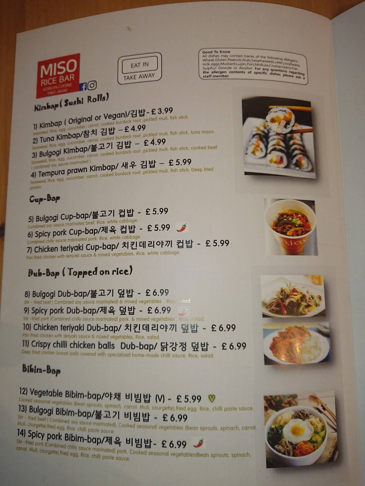 Menu at Miso Korean Restaurant, Bournemouth