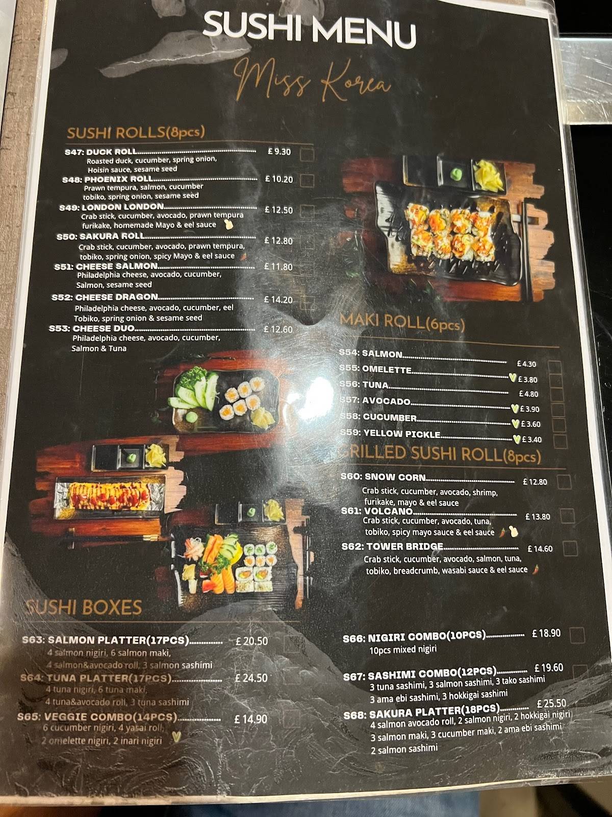 Menu at Miss Korea Restaurant, Nottingham